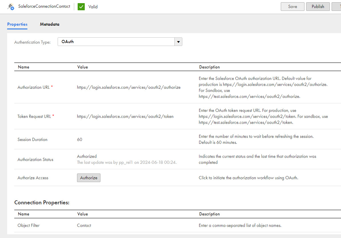 Configuring and publishing the Salesforce connection