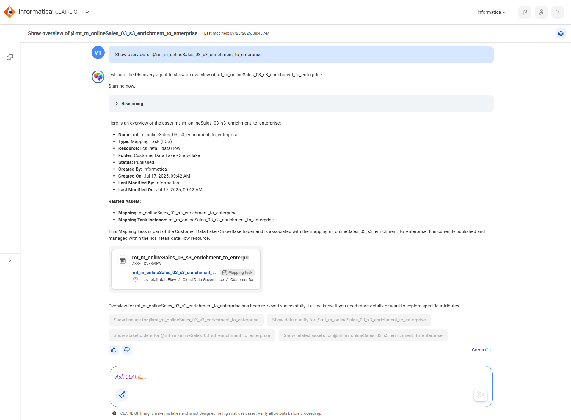 Explore metadata of assets from Data Integration